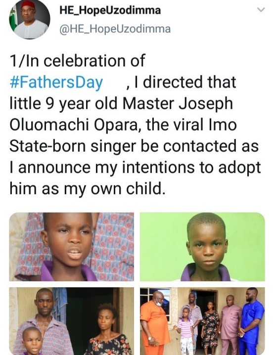 Gov. Uzodinma adopts viral Imo kid singer - TheCitizen - It's all about you